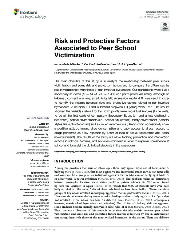 (PDF) Risk and Protective Factors Associated to Peer School Victimization