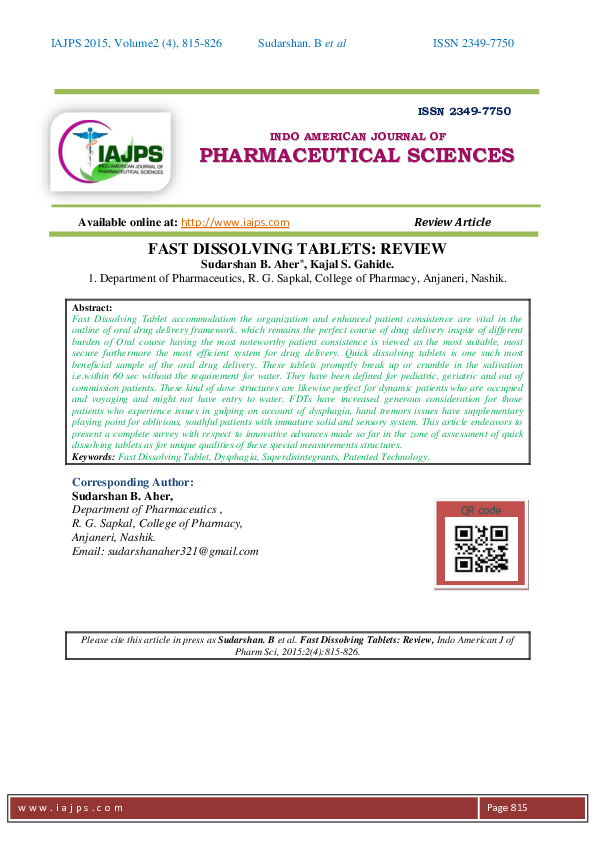 (PDF) Fast Dissolving Tablets: Review