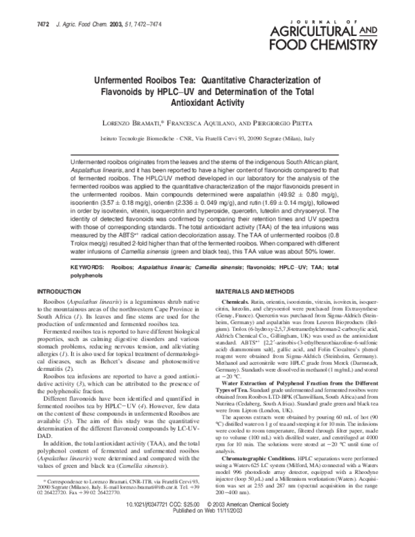 (PDF) Unfermented Rooibos Tea: Quantitative Characterization of Flavonoids by HPLC−UV and ...