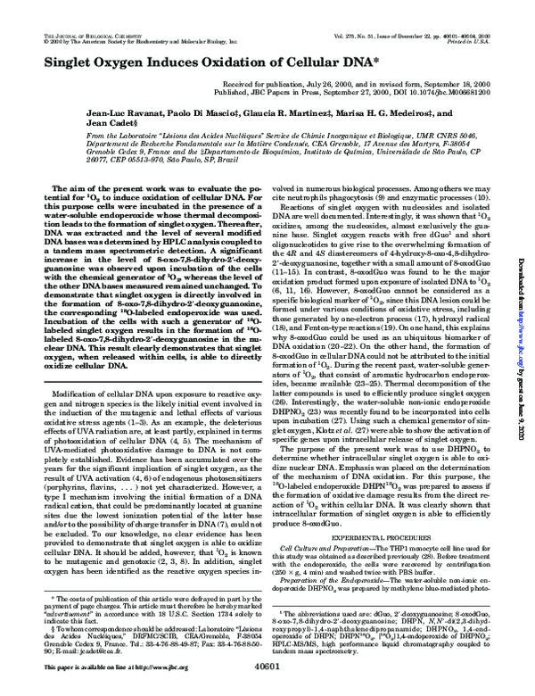 (PDF) Singlet Oxygen Induces Oxidation of Cellular DNA