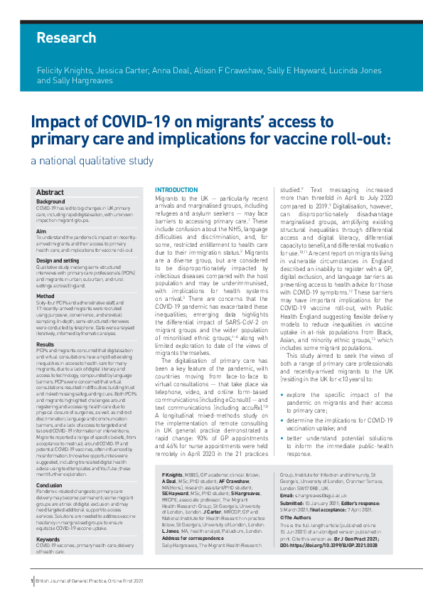(PDF) Impact of COVID-19 on migrants’ access to primary care and ...
