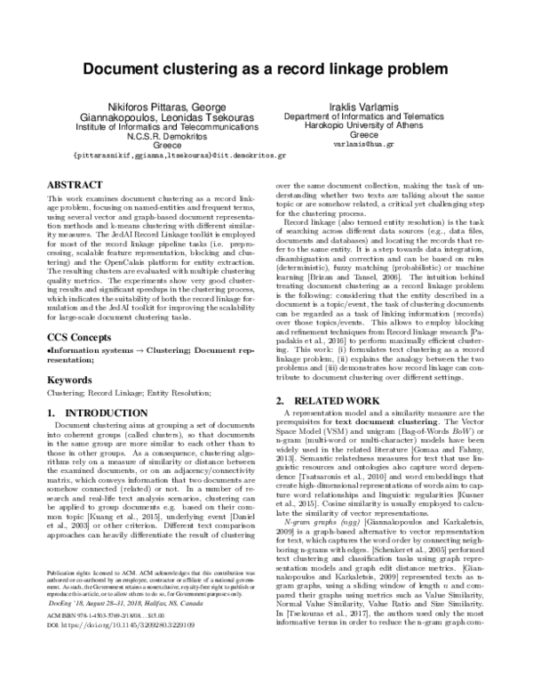 (PDF) Document clustering as a record linkage problem