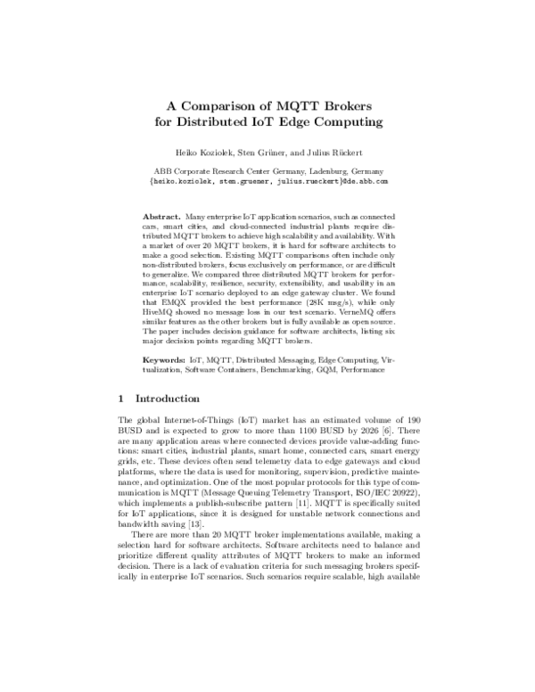 (PDF) A Comparison of MQTT Brokers for Distributed IoT Edge Computing