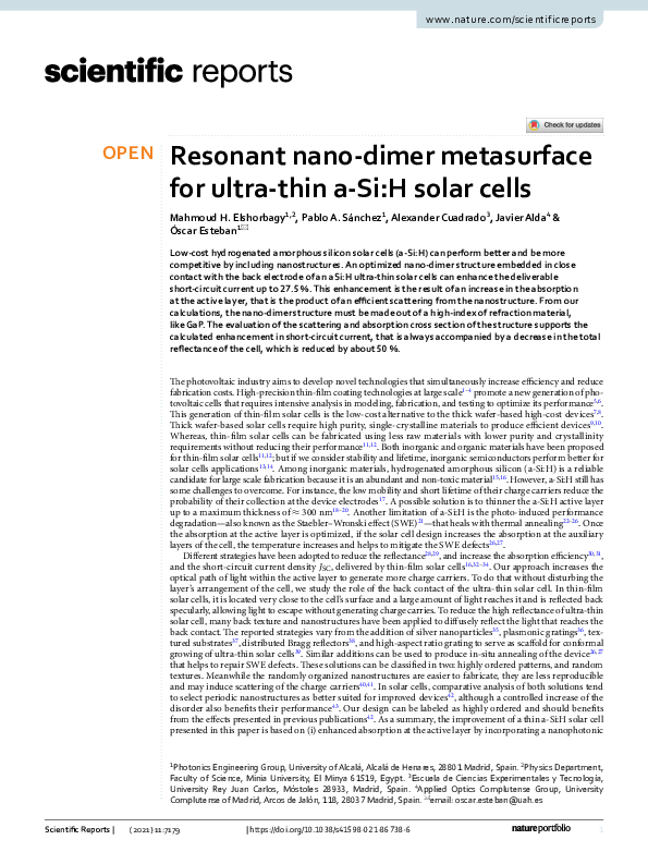 (PDF) Resonant nano-dimer metasurface for ultra-thin a-Si:H solar cells