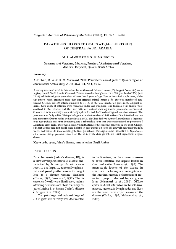 (PDF) Paratuberculosis of Goats at Qassim Region of Central Saudi Arabia