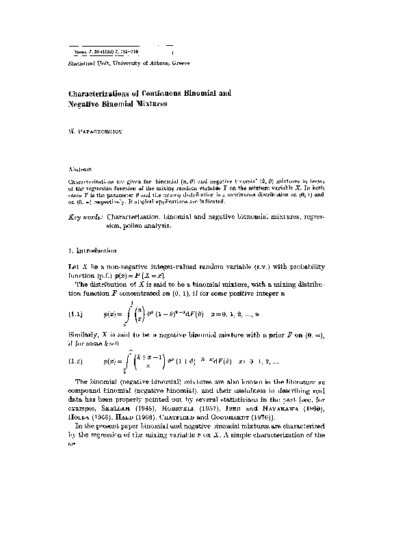 (PDF) Characterizations of Continuous Binomial and Negative Binomial Mixtures