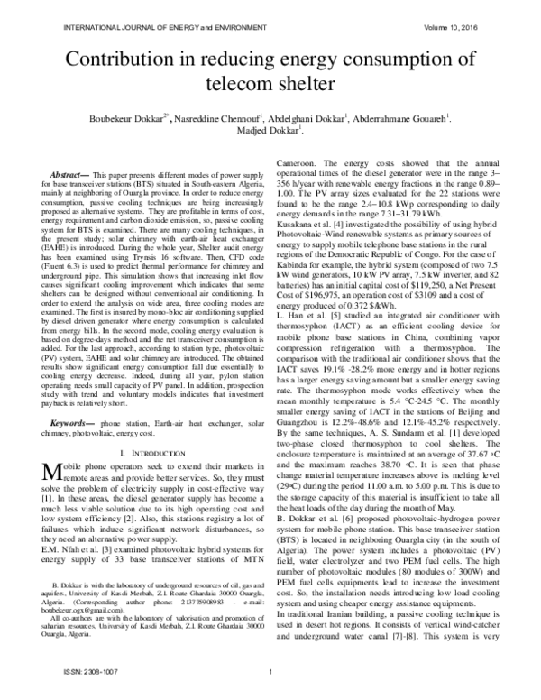 (PDF) Contribution in reducing energy consumption of telecom shelter