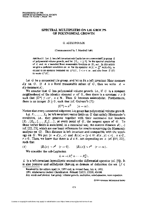 (PDF) Spectral Multipliers on Lie Groups of Polynomial Growth