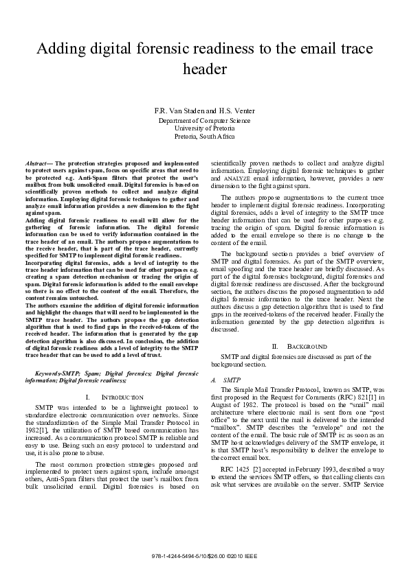 (PDF) Adding digital forensic readiness to the email trace header