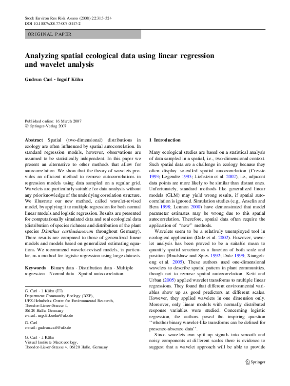 Pdf Analyzing Spatial Ecological Data Using Linear Regression And Wavelet Analysis