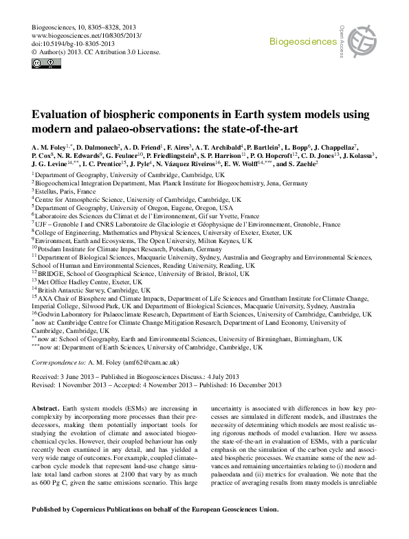 (PDF) Evaluation of biospheric components in Earth system models using ...