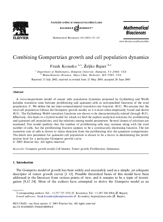 (PDF) Combining Gompertzian growth and cell population dynamics