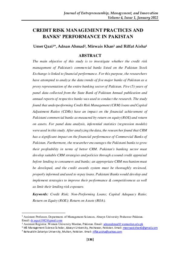 (PDF) Credit Risk Management Practices and Banks’ Performance in Pakistan
