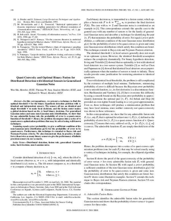 Pdf Quasi Convexity And Optimal Binary Fusion For Distributed Detection With Identical Sensors