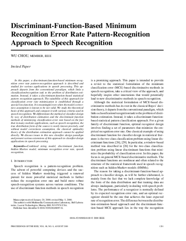 Pdf Discriminant Function Based Minimum Recognition Error Rate Pattern Recognition Approach To