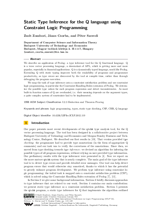 Pdf Static Type Inference For The Q Language Using Constraint Logic Programming Péter