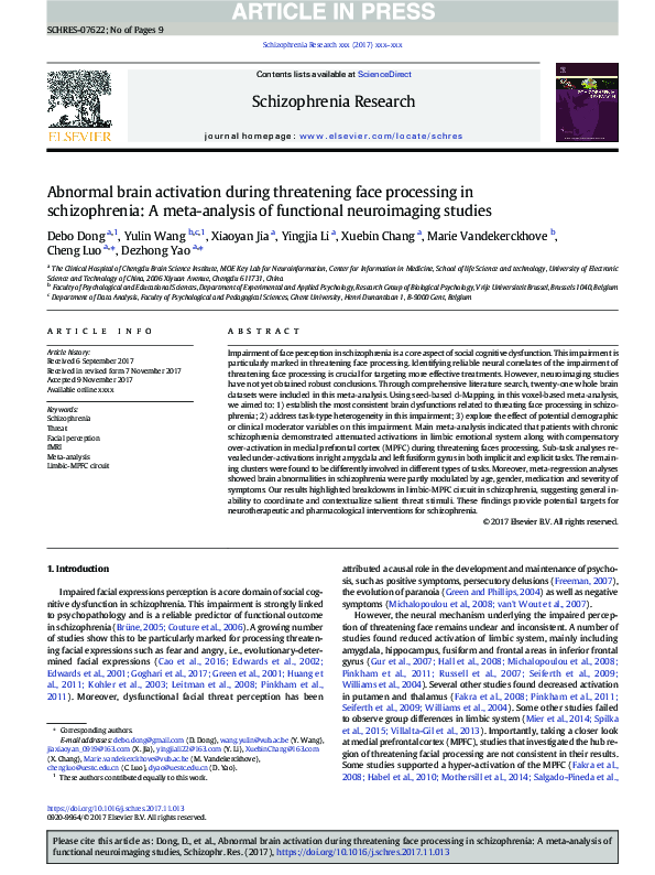 (PDF) Abnormal brain activation during threatening face processing in schizophrenia: A meta ...