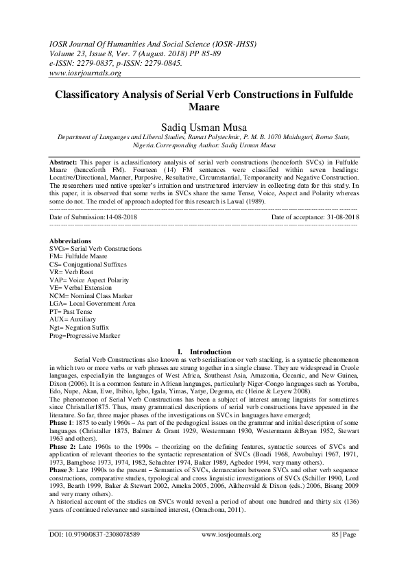 (PDF) Classificatory Analysis of Serial Verb Constructions in Fulfulde ...