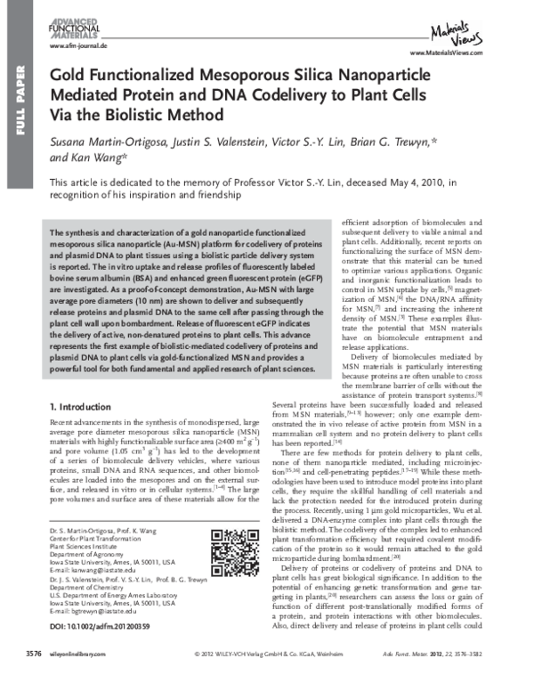 (PDF) Gold Functionalized Mesoporous Silica Nanoparticle Mediated Protein and DNA Codelivery to ...