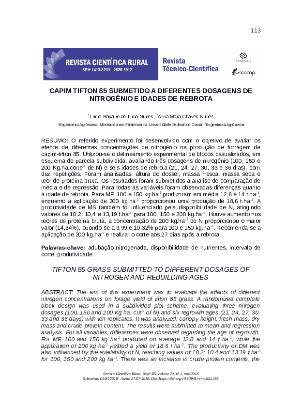 (PDF) Capim Tifton 85 Submetido a Diferentes Dosagens De Nitrogênio e ...