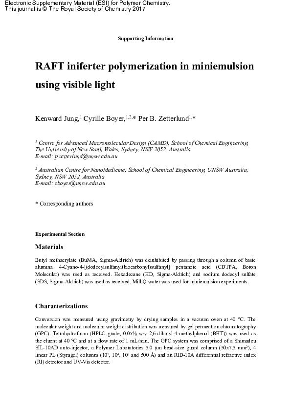 (PDF) RAFT iniferter polymerization in miniemulsion using visible light