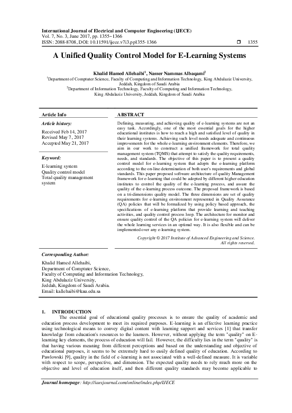 (PDF) A Unified Quality Control Model for E-Learning Systems