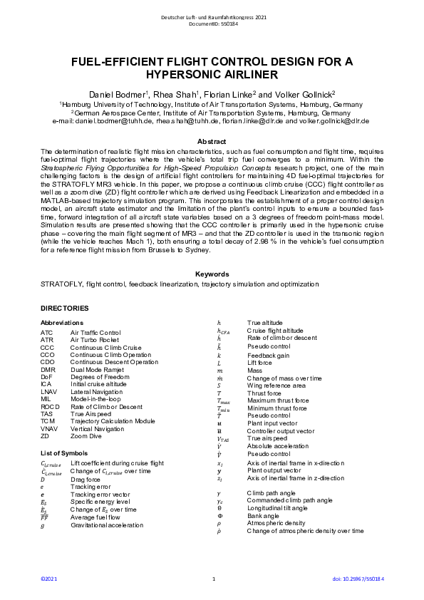 (PDF) Fuel-Efficient Flight Control Design for a Hypersonic Airliner