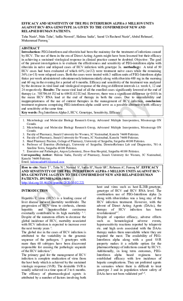 (DOC) EFFICACY AND SENSITIVITY OF THE PEG INTERFERON ALPHA-3 MILLION ...