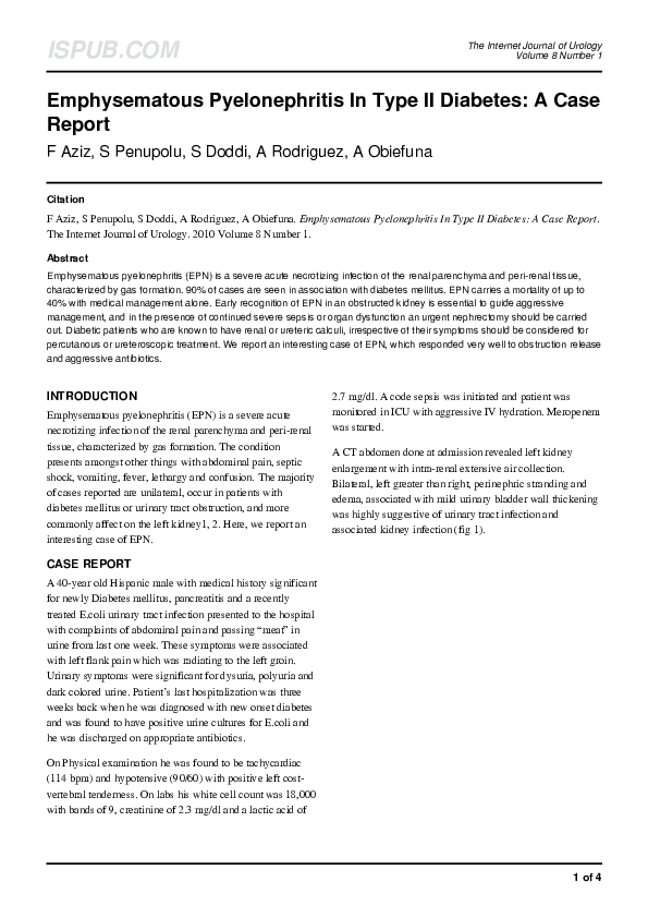 (PDF) Emphysematous Pyelonephritis In Type II Diabetes: A Case Report