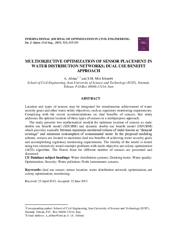 Pdf Multiobjective Optimization Of Sensor Placement In Water Distribution Networks Dual Use