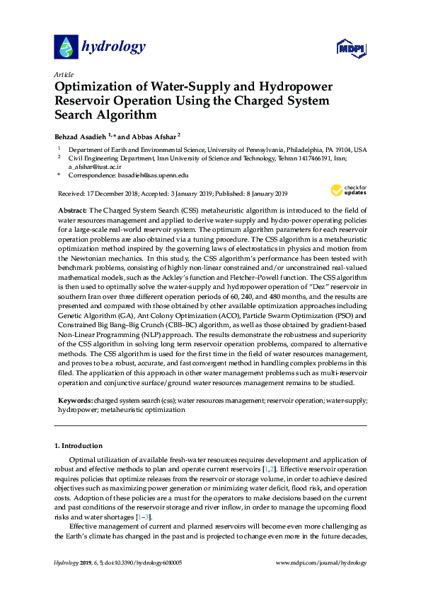 (PDF) Optimization of Water-Supply and Hydropower Reservoir Operation Using the Charged System ...