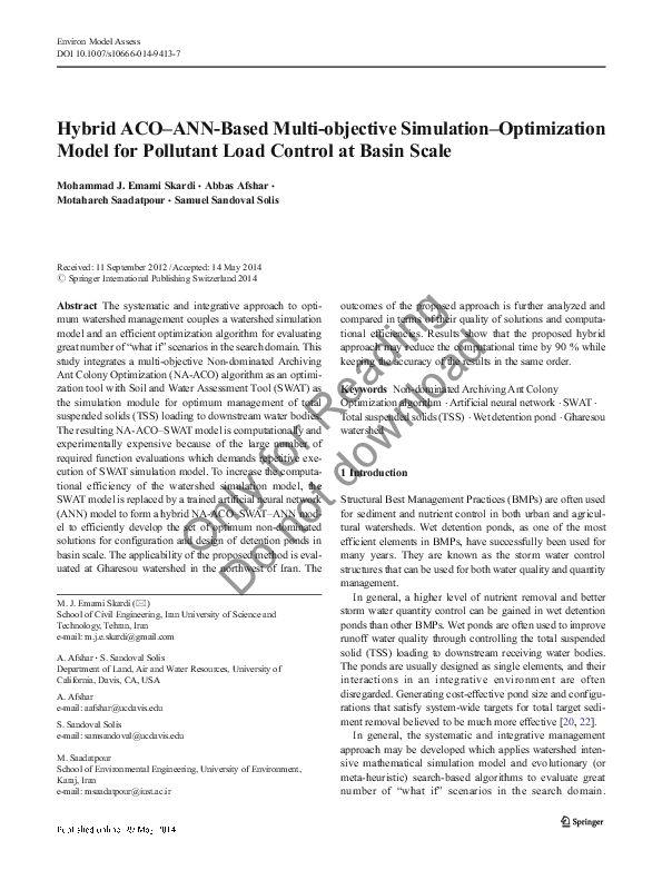 Pdf Hybrid Aco Ann Based Multi Objective Simulation Optimization Model For Pollutant Load