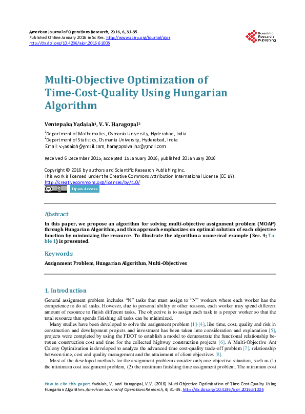 (PDF) Multi-Objective Optimization of Time-Cost-Quality Using Hungarian ...