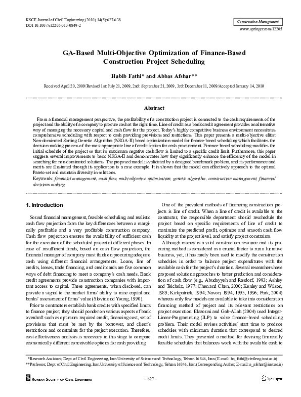 Pdf Ga Based Multi Objective Optimization Of Finance Based Construction Project Scheduling