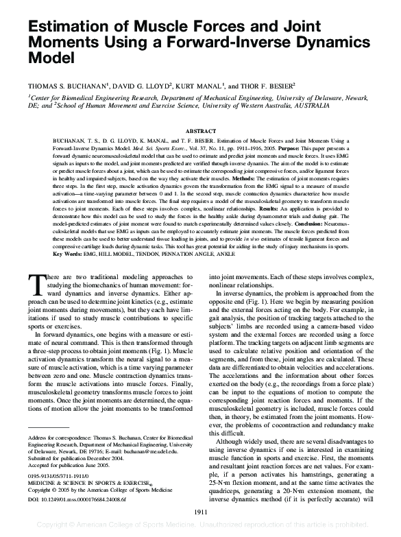 (PDF) Estimation of Muscle Forces and Joint Moments Using a Forward ...