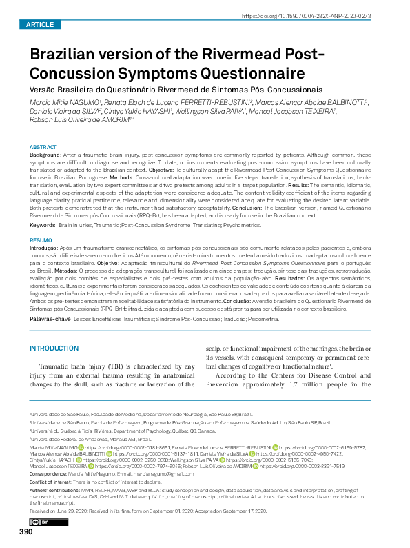 (PDF) Brazilian version of the Rivermead Post-Concussion Symptoms ...
