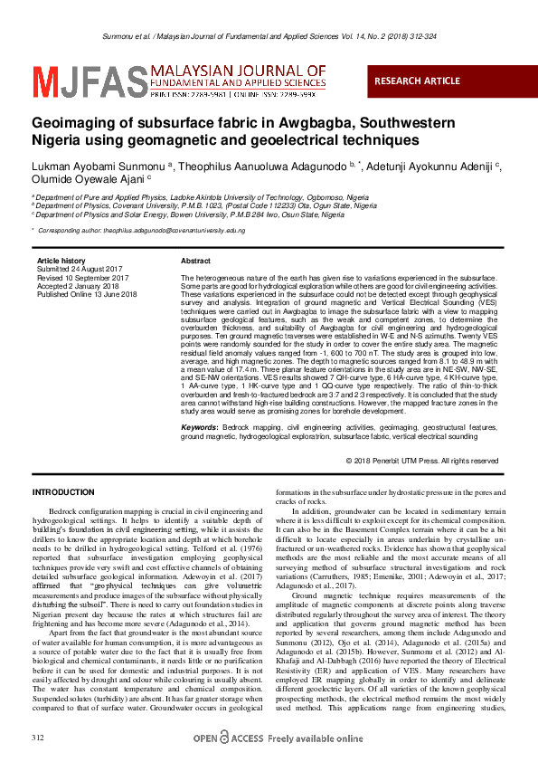 Pdf Geoimaging Of Subsurface Fabric In Awgbagba Southwestern Nigeria Using Geomagnetic And