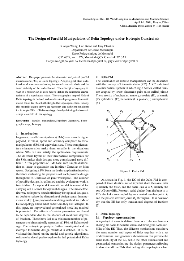 (PDF) The Design of Parallel Manipulators of Delta Topology under ...