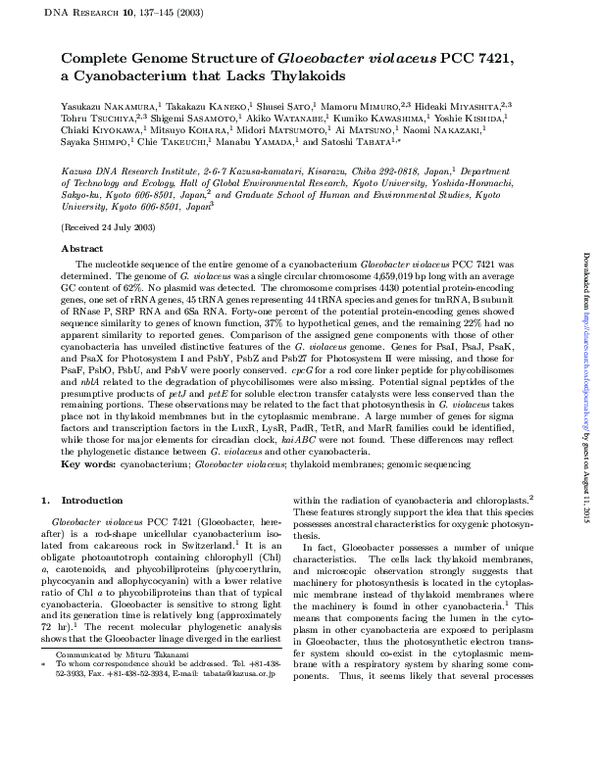 (PDF) Complete Genome Structure of Gloeobacter violaceus PCC 7421, a ...