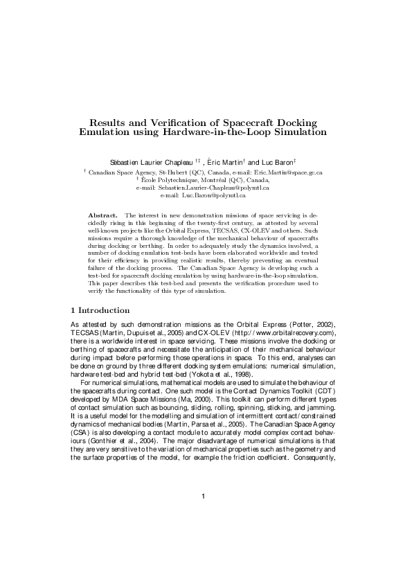 (PDF) Results and Verification of Spacecraft Docking Emulation using Hardware-in-the-Loop Simulation