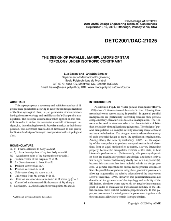 (PDF) The Design of Parallel Manipulators of Star Topology Under ...
