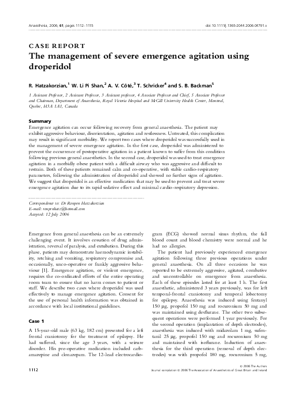 (PDF) The management of severe emergence agitation using droperidol