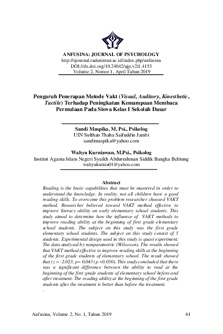 (PDF) Pengaruh Penerapan Metode Vakt (Visual, Auditory, Kinesthetic ...