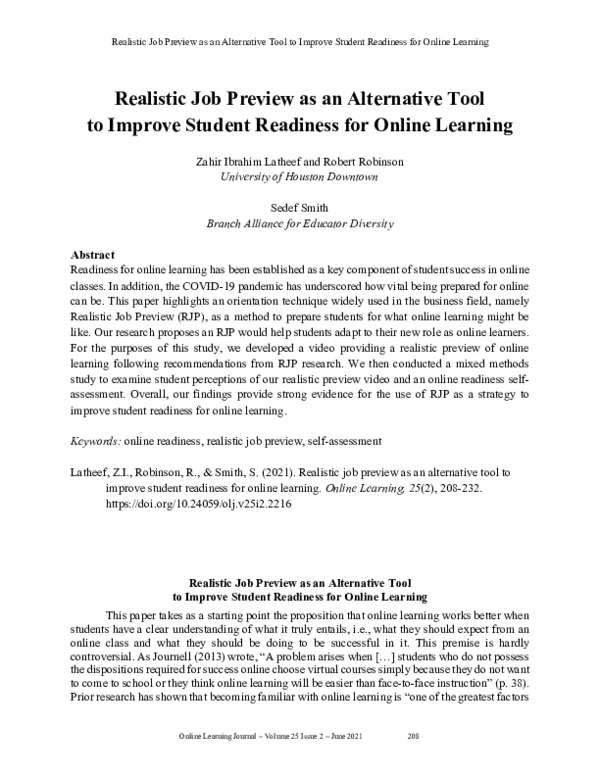 (PDF) Realistic Job Preview as an Alternative Tool to Improve Student ...