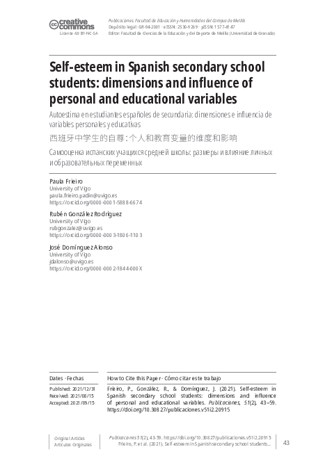 (PDF) Self-esteem in Spanish secondary school students: dimensions and ...
