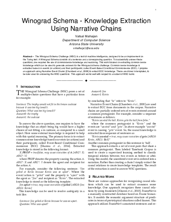 (PDF) Winograd Schema - Knowledge Extraction Using Narrative Chains