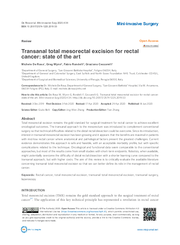 (PDF) Transanal total mesorectal excision for rectal cancer: state of the art