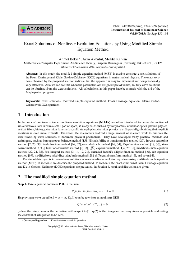 (PDF) Exact Solutions of Nonlinear Evolution Equations by Using Modified Simple Equation Method