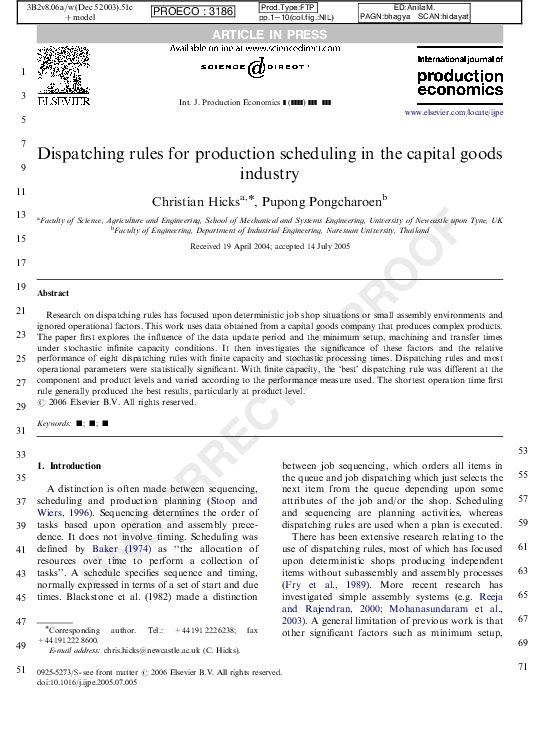 (PDF) Dispatching rules for production scheduling in the capital goods industry
