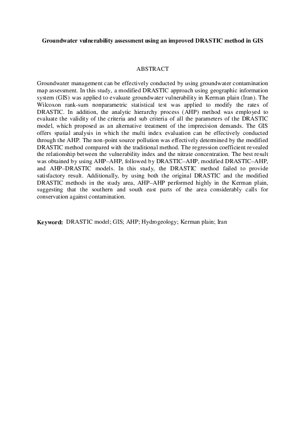 Pdf Groundwater Vulnerability Assessment Using An Improved Drastic Method In Gis